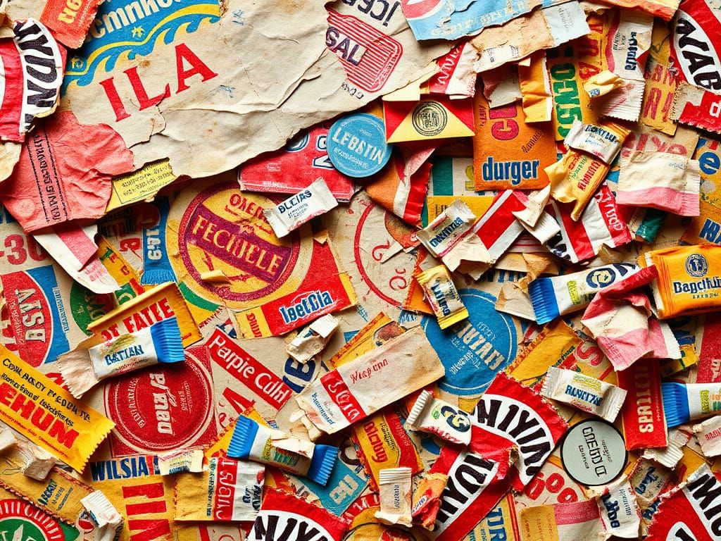 Image of a piece of paper covered in a collage of vintage bubblegum wrappers. Masterpiece award ...