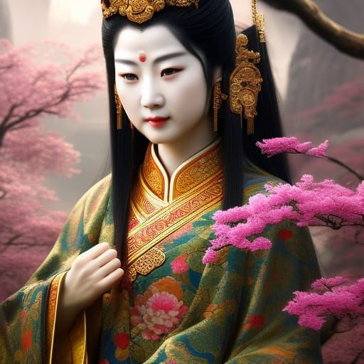 Chinese Goddess Guanyin, flower garland on head, Han Dynasty robe ...