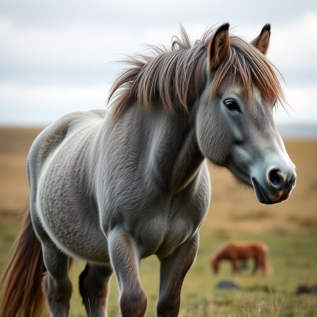 a big, lumbering pony with a gray coat and a chunky build*