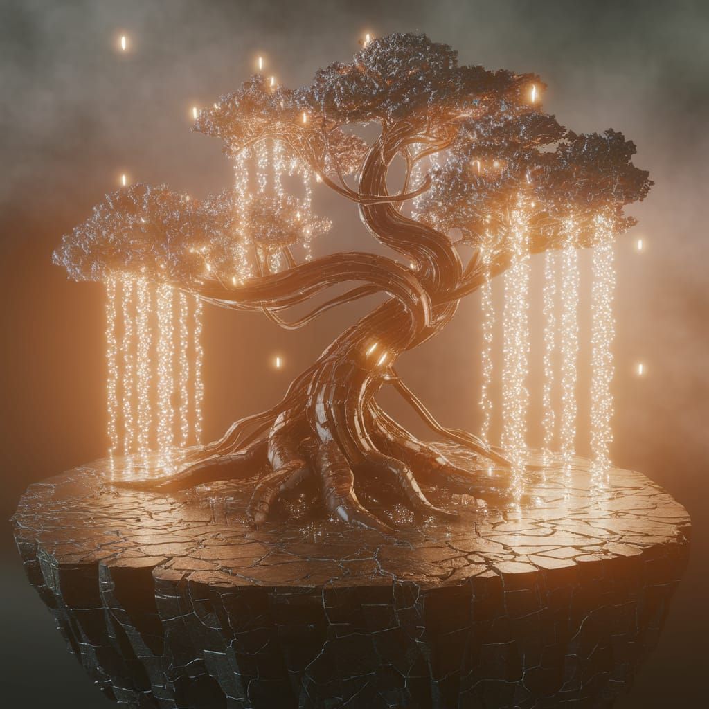 Surreal Biomechanical Tree Blooms on Obsidian Isla... - AI Art