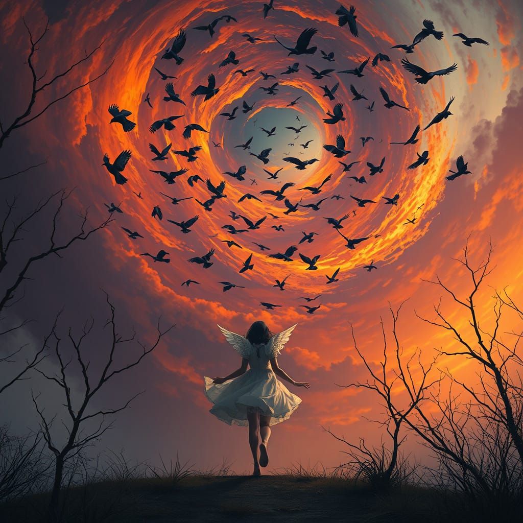 Girl with Wings Walks Beneath Swirling Crows in Ha... - AI Art