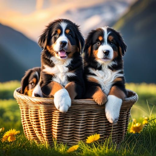bernese mountain puppies in a basket - AI Generated Artwork - NightCafe Creator