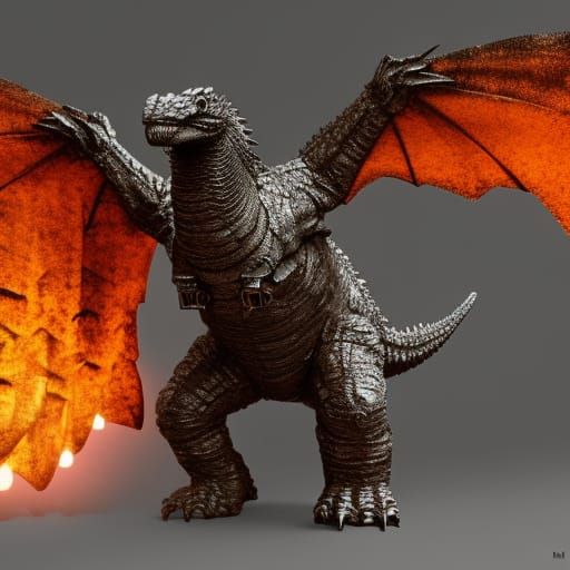 Steampunk Meca Godzilla with Intricate Wings - AI Art