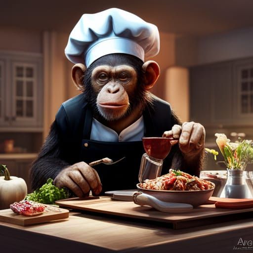 portrays a chimpanzee wearing a chef's hat and apron, prepare a gourmet ...