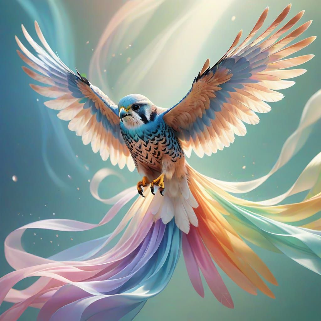 Flying kestrel made of flowing rainbow silk fabric.