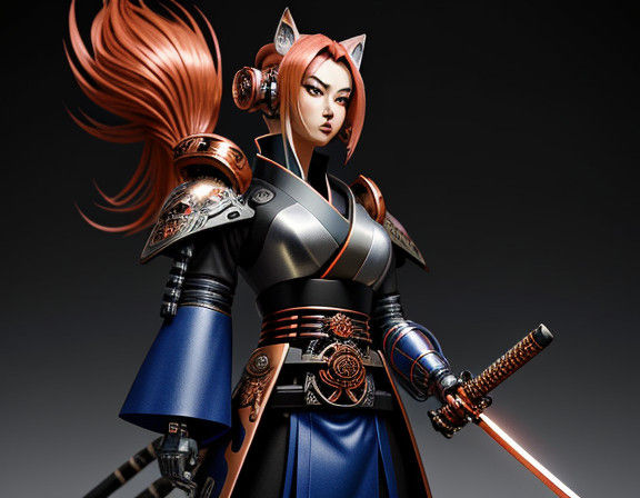 Elegant Silver Neko Android Samurai in Steampunk S... - AI Art
