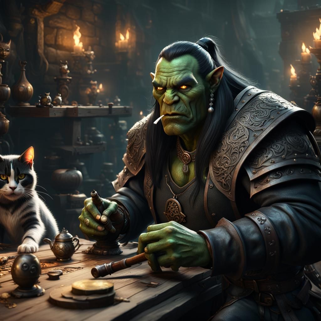 a thin dark green orc,long black hair, wearing leather, smoking a pipe ...