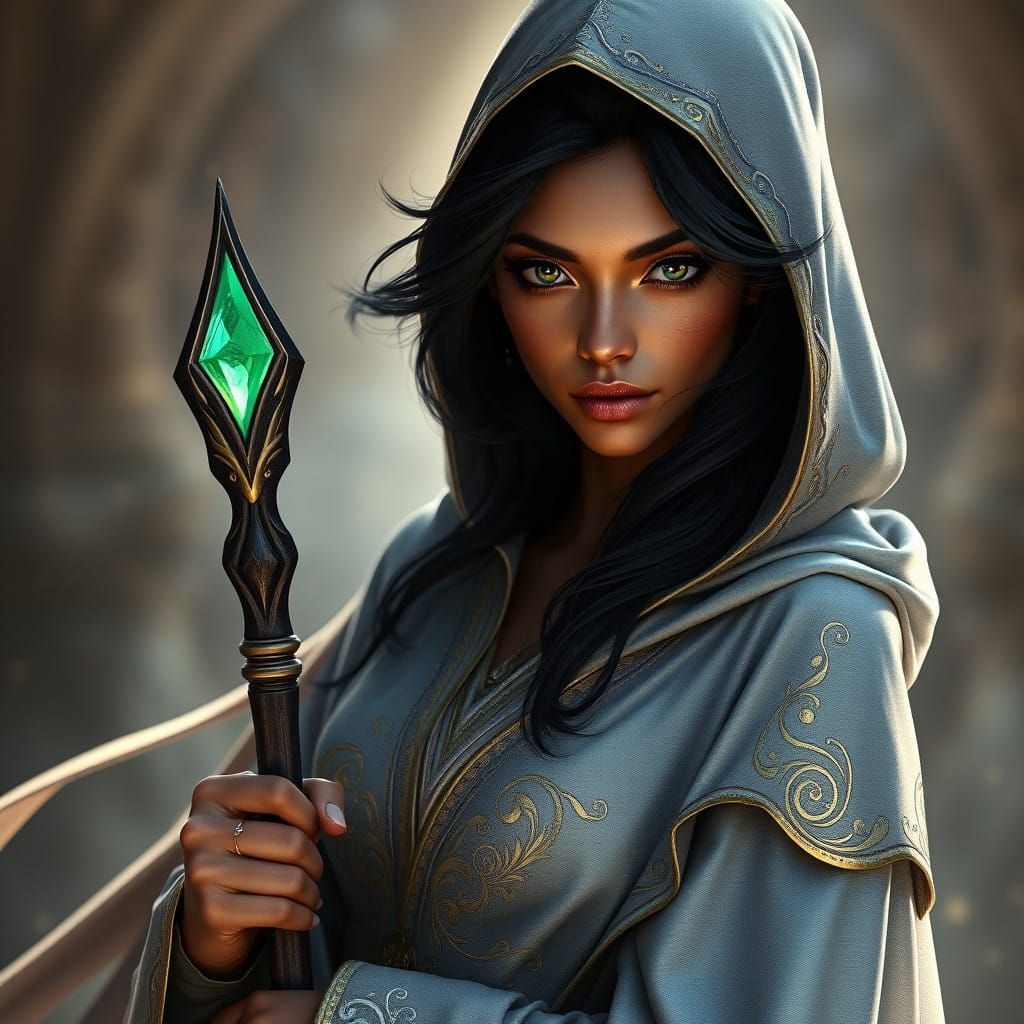 Realistic fantasy female human wizard with shoulder length, flowing ...