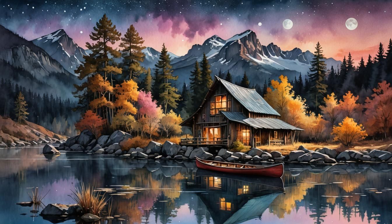 Beautiful traditional rocky mountain barn, canoe, on sparkling moonlit ...