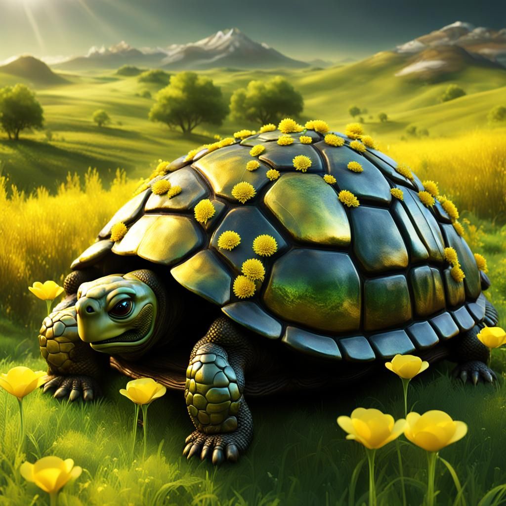 3d gaming tortoise with smoke, yellow flowers, grass, hills, sunshine ...