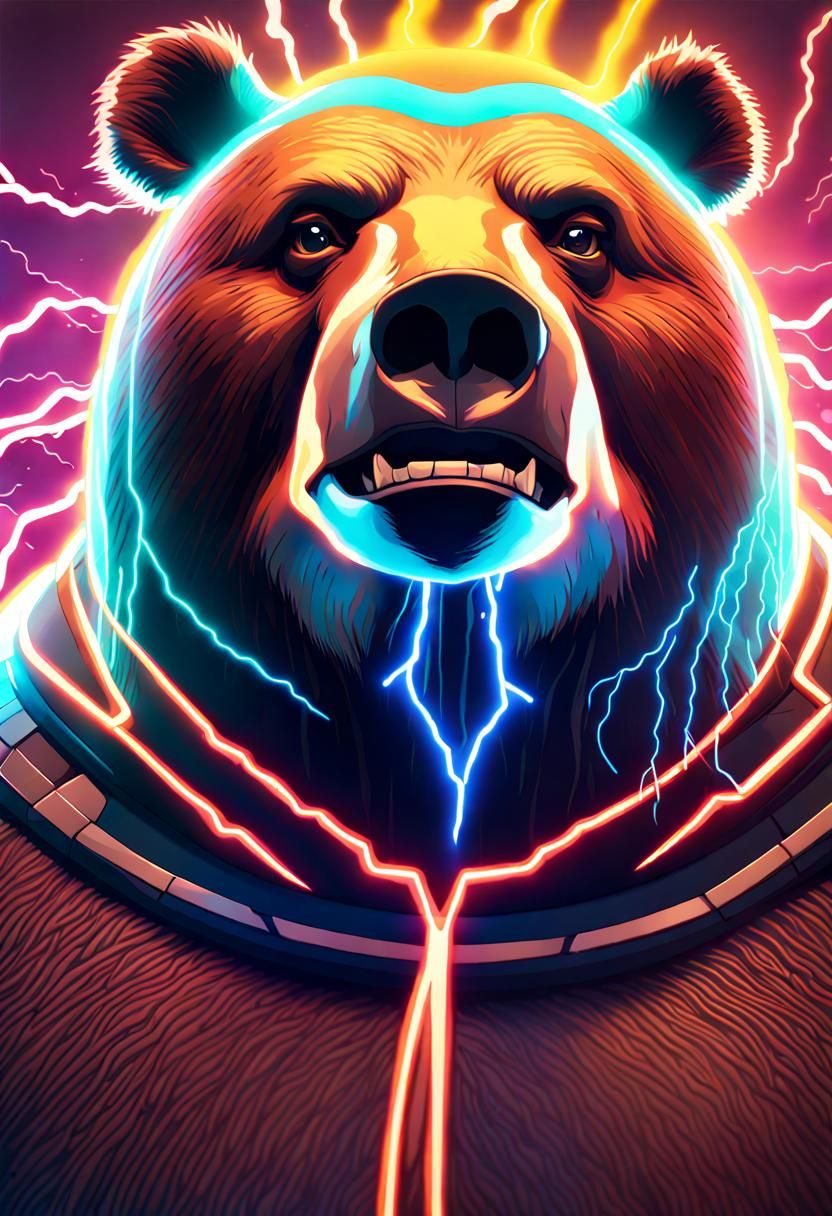 obese bear looking up into a neon Lightning storm, head and shoulders ...