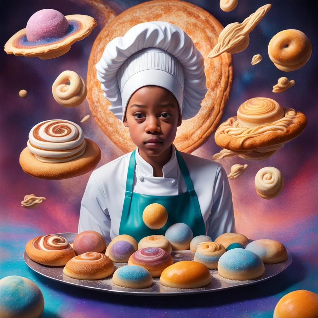 an image that merges the concept of a celestial bakery, where planets and stars are made of ...