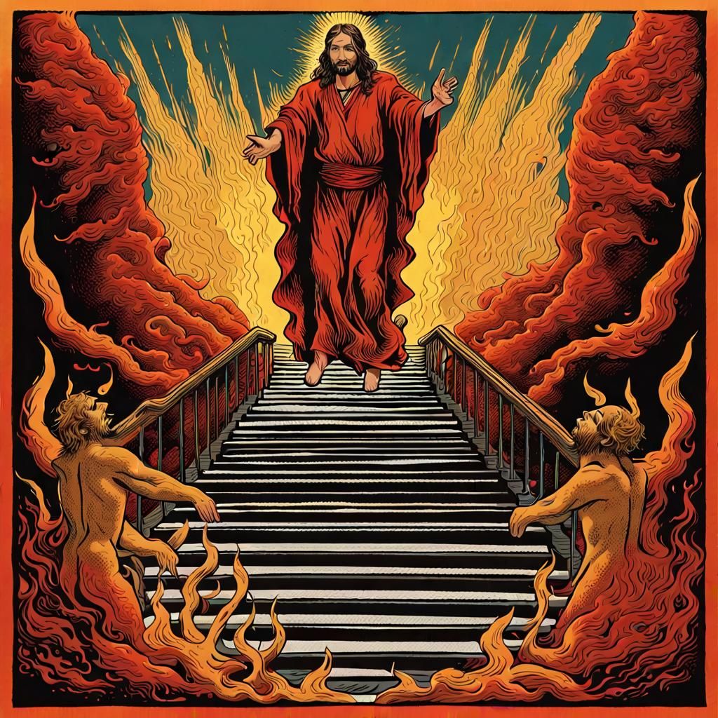 stairway to hell with devil in flames, five color screen print ...
