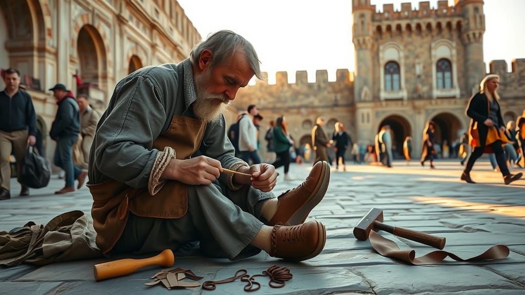 A Humble Cobbler Works Outside Grand Fortress Wall... - AI Art
