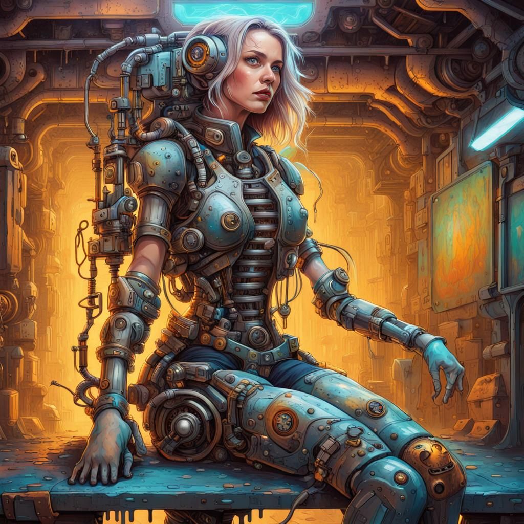 a woman inside a mechanical exoskeleton machine, steampunk, cyberpunk ...
