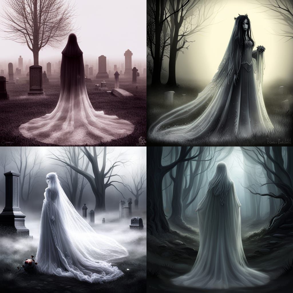 full body image facing me of the spirit of a ghost bride, transparent ...