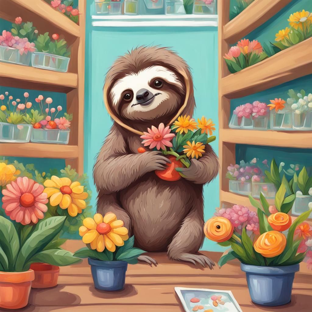 Sloth at a flower shop - AI Generated Artwork - NightCafe Creator