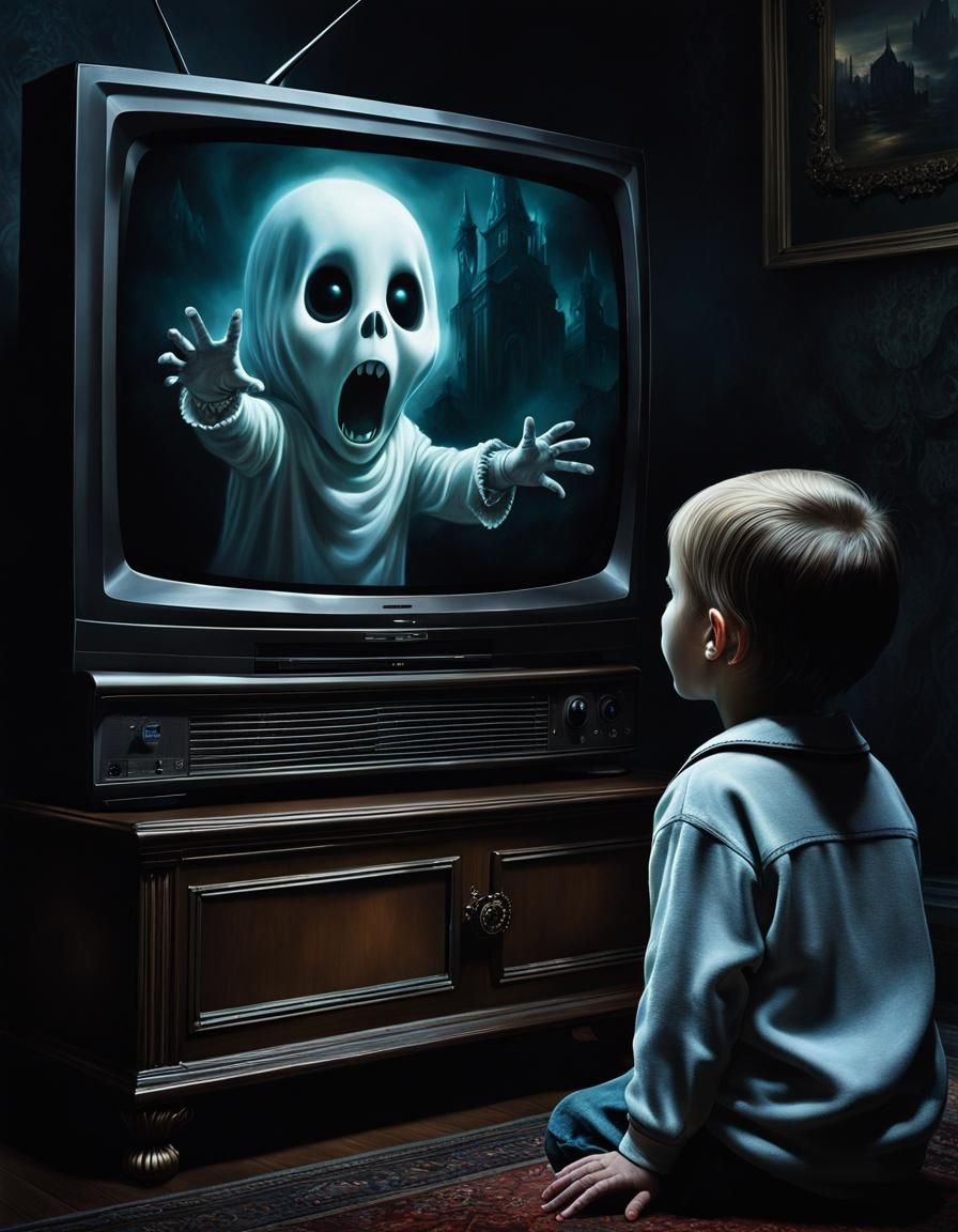 A boy encounters a ghost coming out of the tv - AI Generated Artwork ...