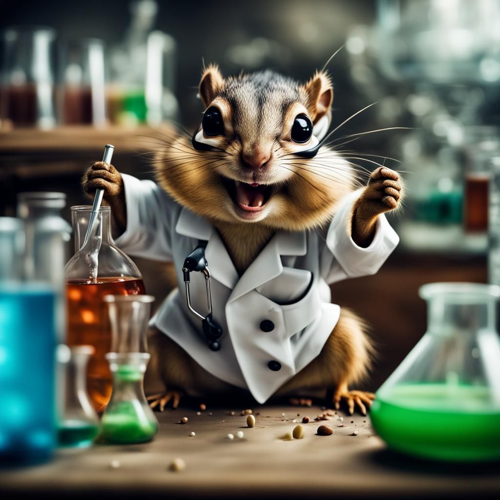 Mad scientist chipmunk laughing hysterically while mixing chemicals in ...