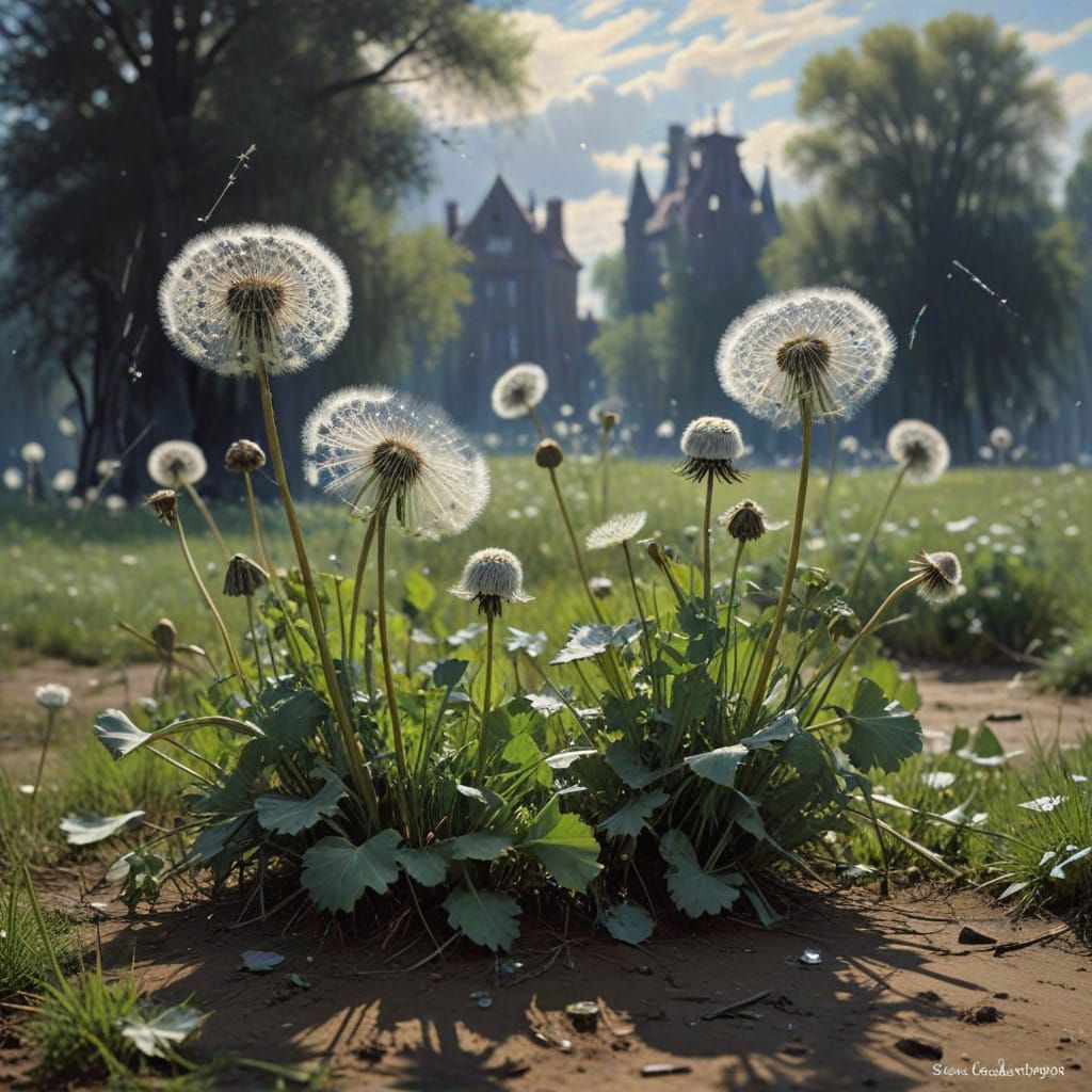Battle-Weary Dandelions in Whimsical Artistic Styl... - AI Art