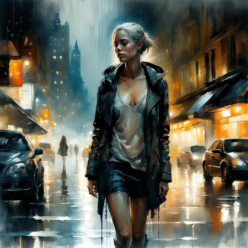 Abstract art. A woman is standing in the street in heavy rain feeling ...