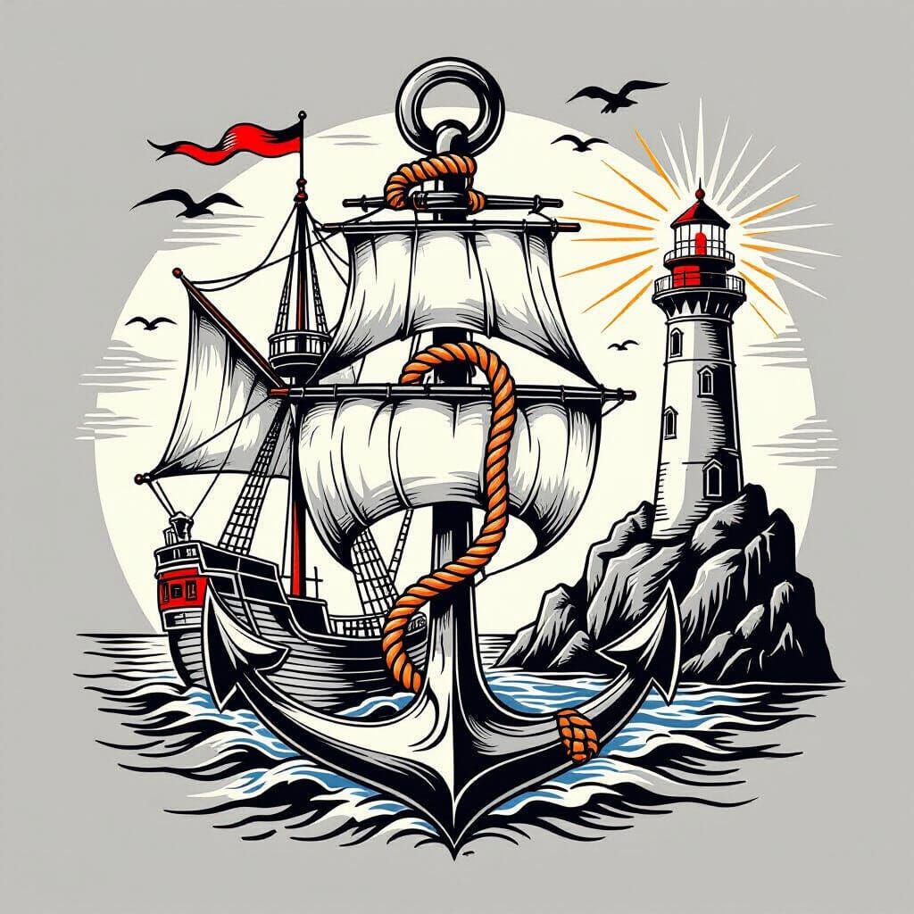 Nautical Tattoo Flash Sheet in Traditional Style - AI Art