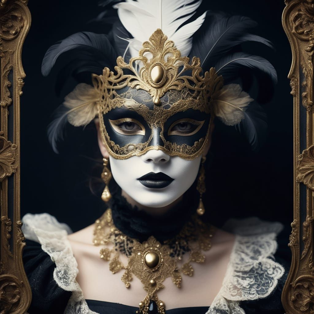 Ethereal Masquerade Portrait in Noire White Gold - AI Art