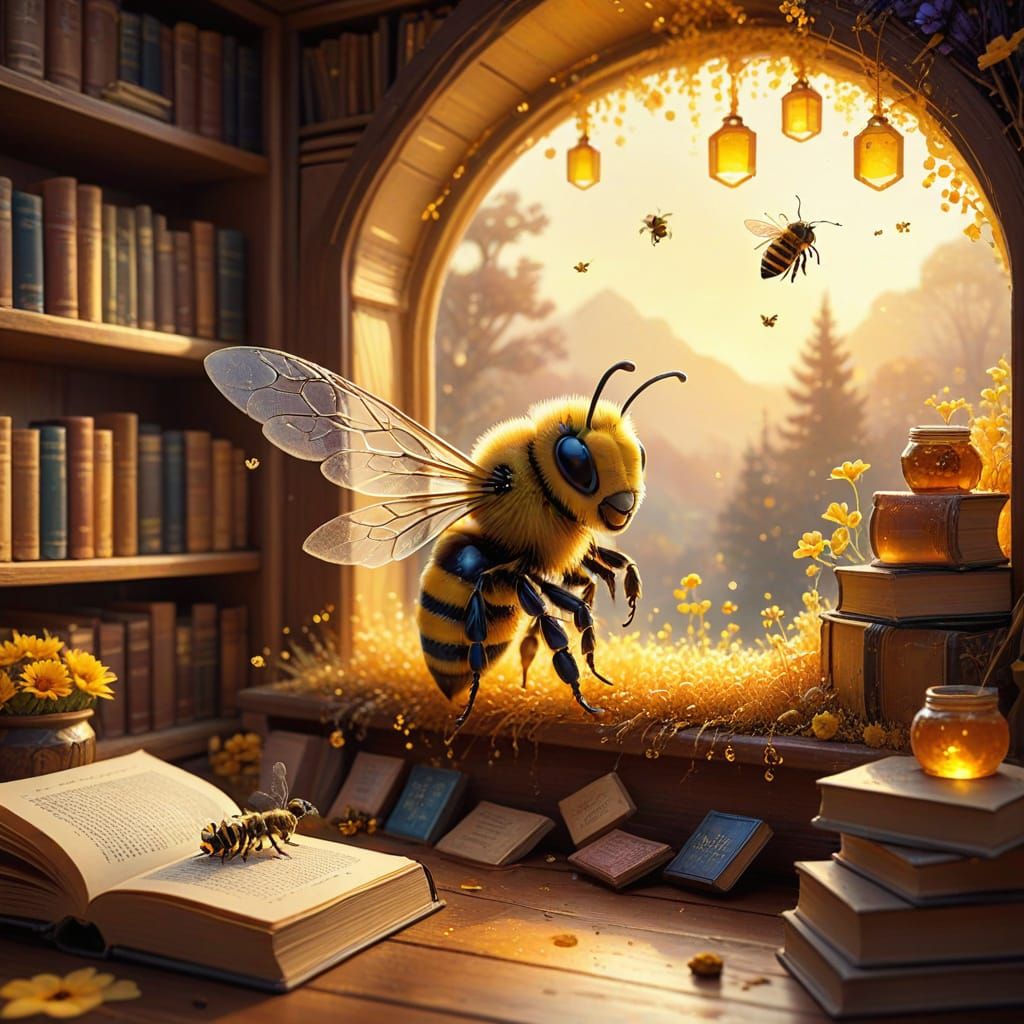 Bee librarian - Whimsical Chibi Bee Surrounded by Books in a...
