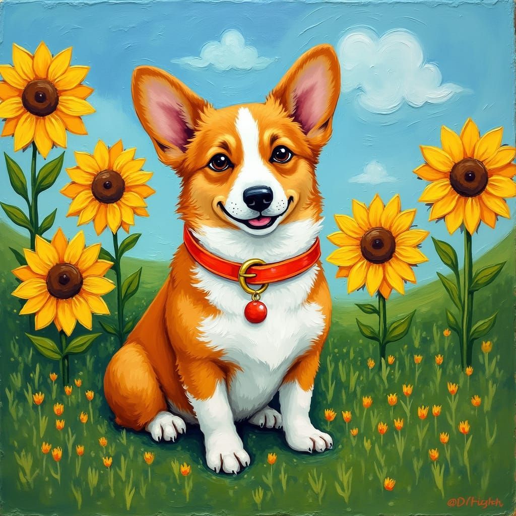 Van Gogh's Corgi - Impasto Corgi in Sunflower Field
