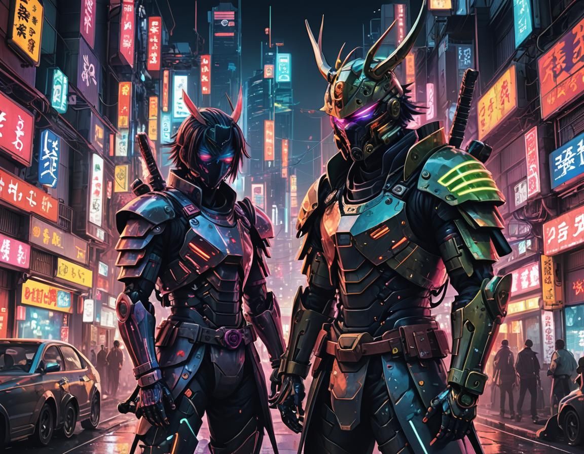 (Insane anime art of an evil cyborg samurai fighting a cyberpunk ...