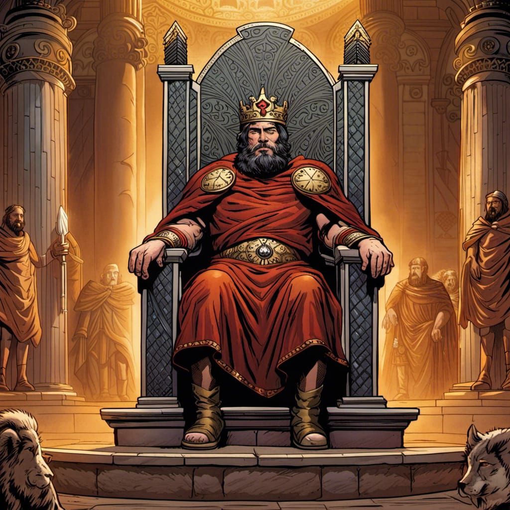 Clovis, king of the Franks, on his throne in his palace (Roman style ...