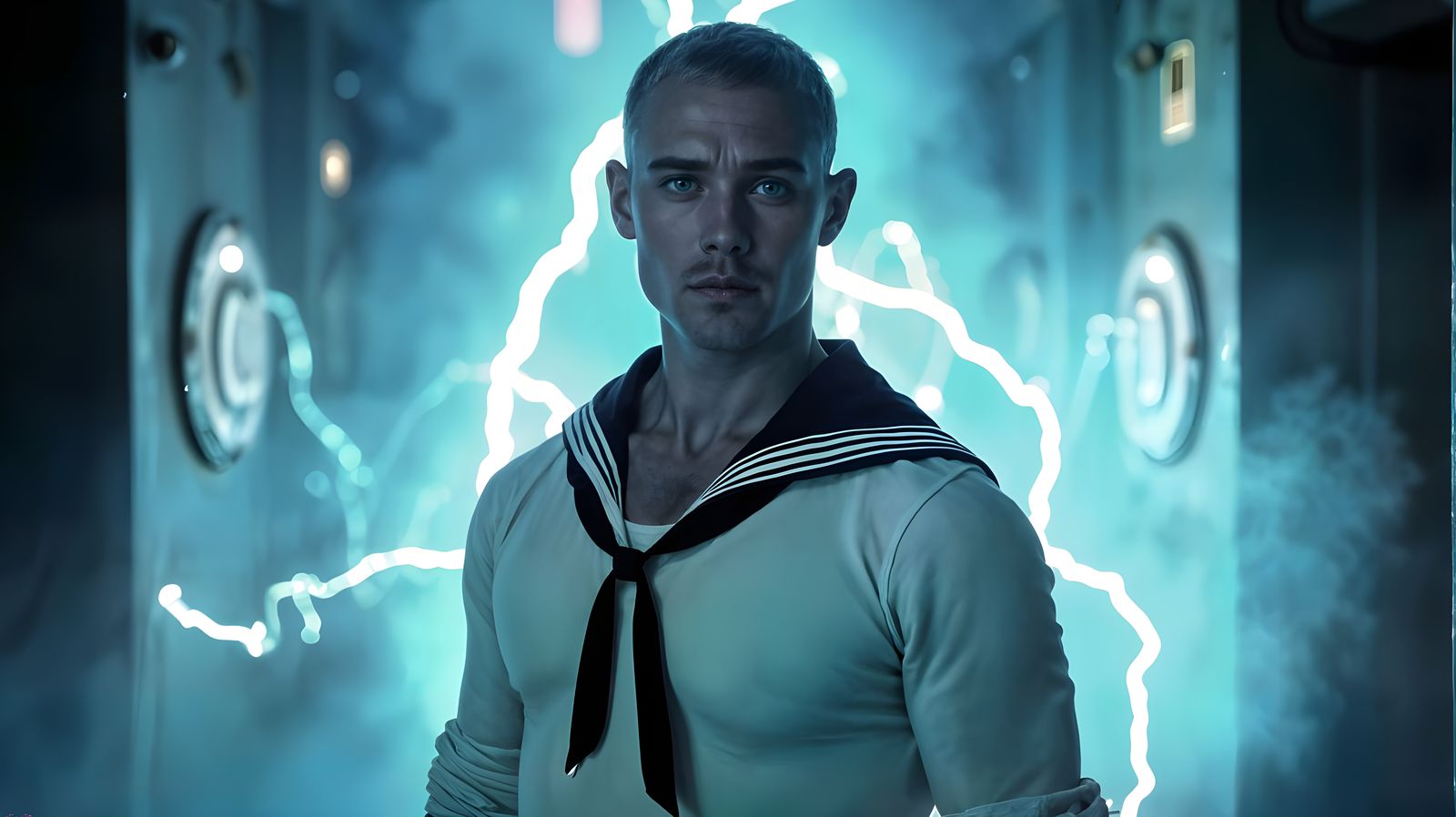 Dashing Steampunk Sailor in Epic Blue Tesla Chambe... - AI Art