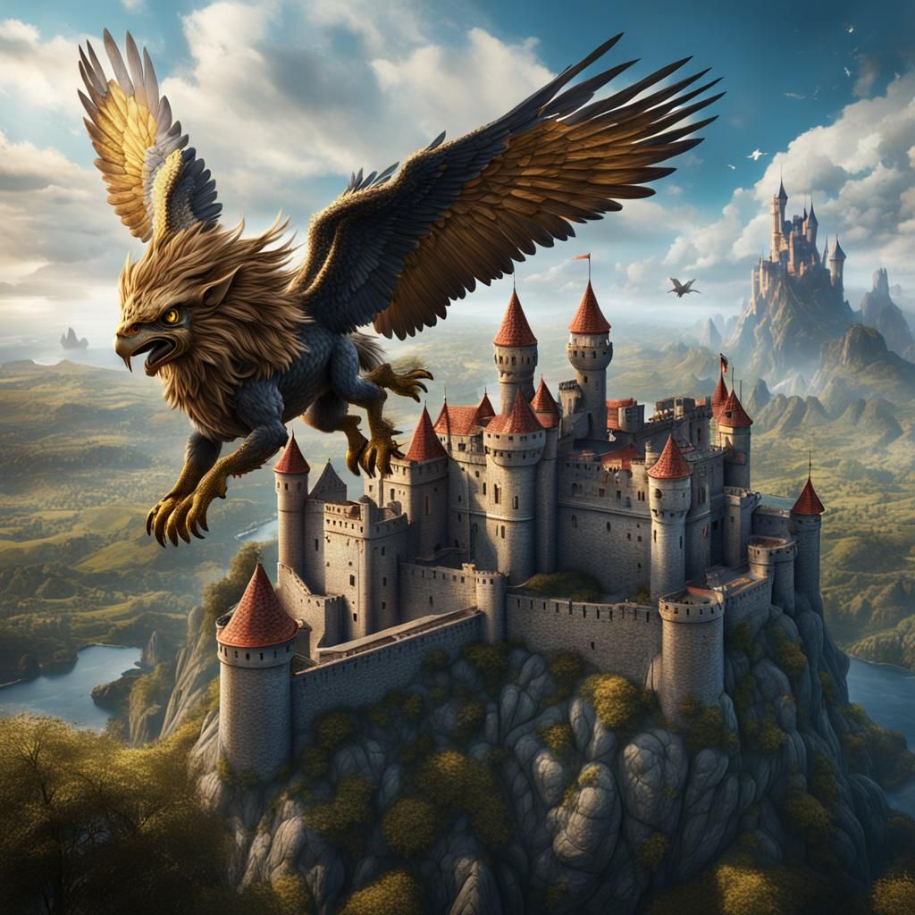 gryphon flying over castle. detailed matte painting, deep color ...