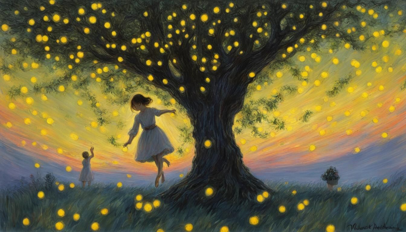 demon girl pushes down a tree. fireflies are everywhere. monet - AI ...