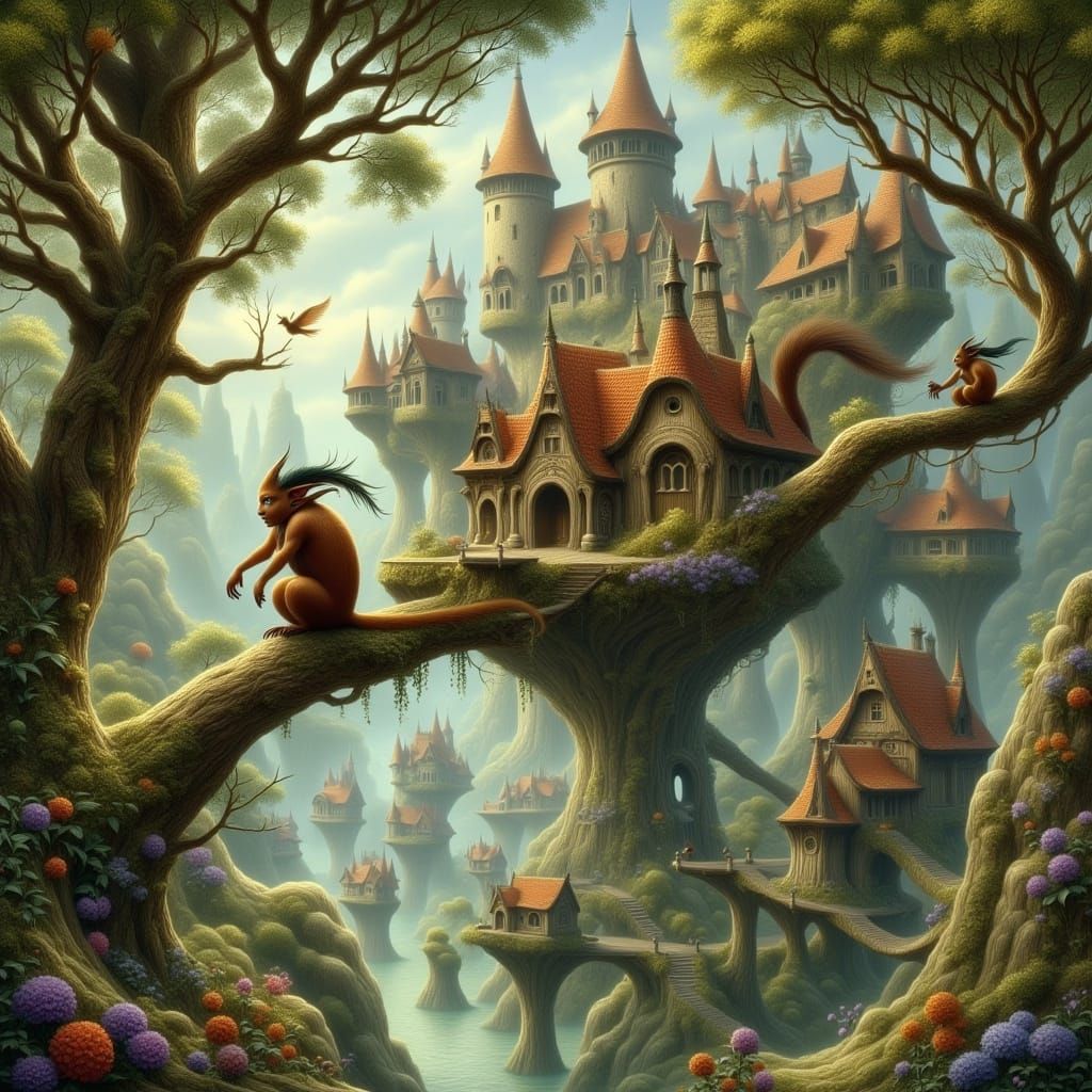 A medieval treehouse village - Fantasy Medieval Treehouse Vi...