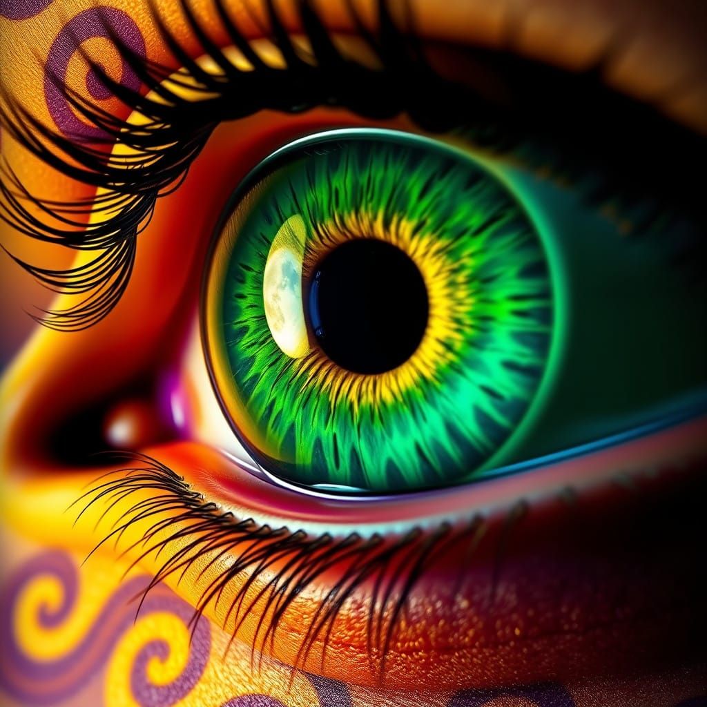 A closeup of a green eye with beautiful detailed retina, surreal bright ...