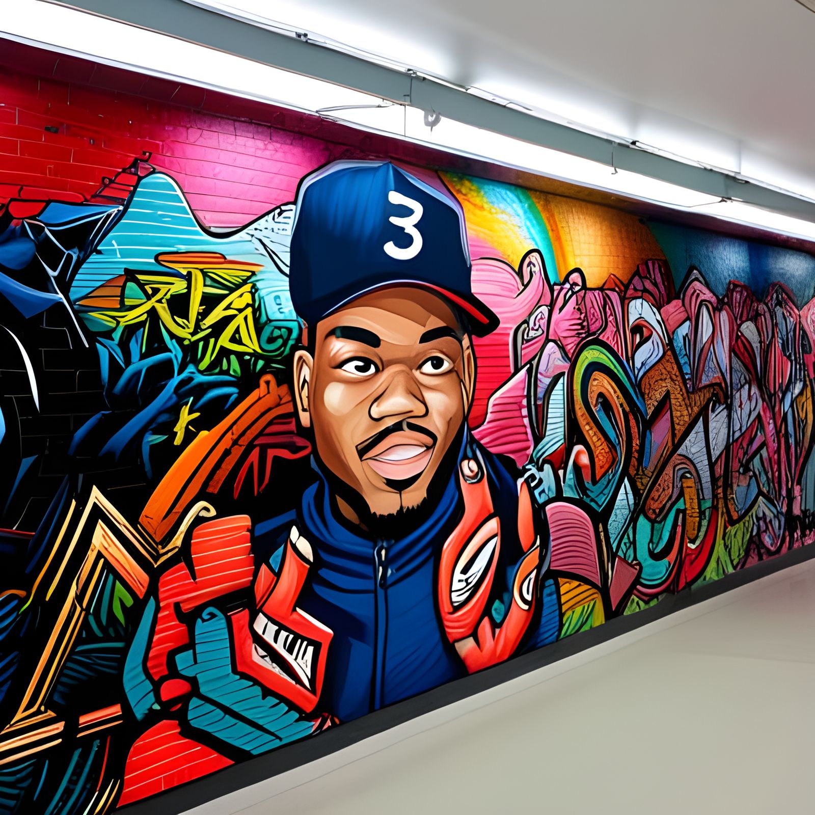 Chance the rapper mural on a brick wall in on an underground subway ...