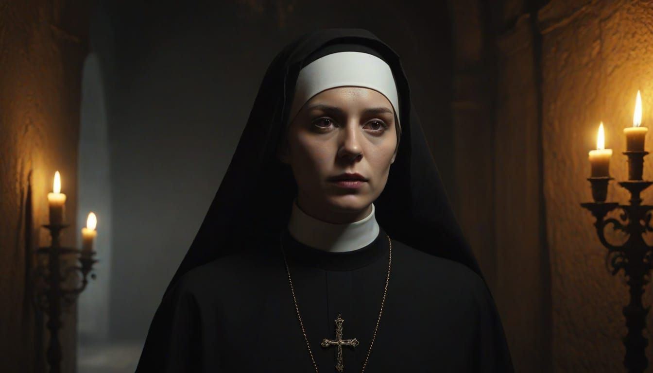 Ominous Oil Painting of Dark Nun in Irish Monaster... - AI Art
