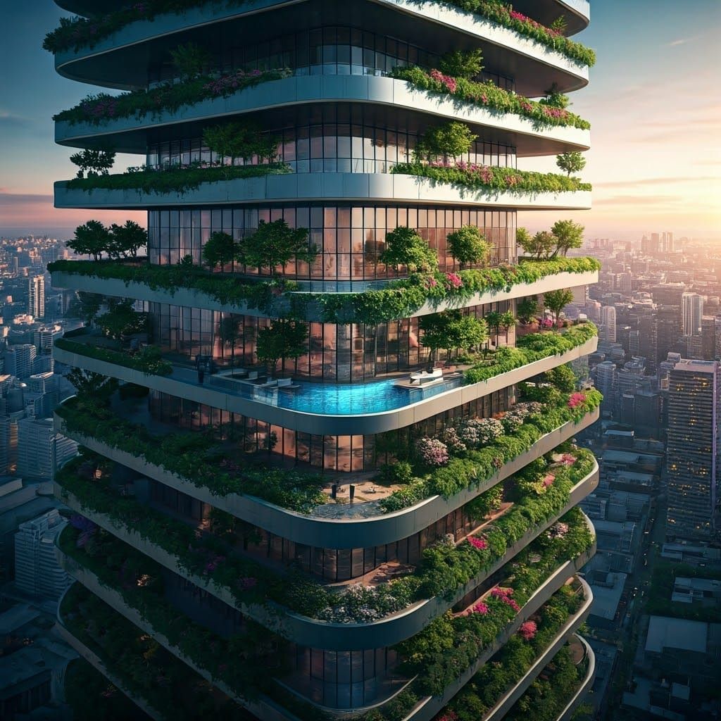 A futuristic skyscraper designed in the flowing, organic style of Zaha ...