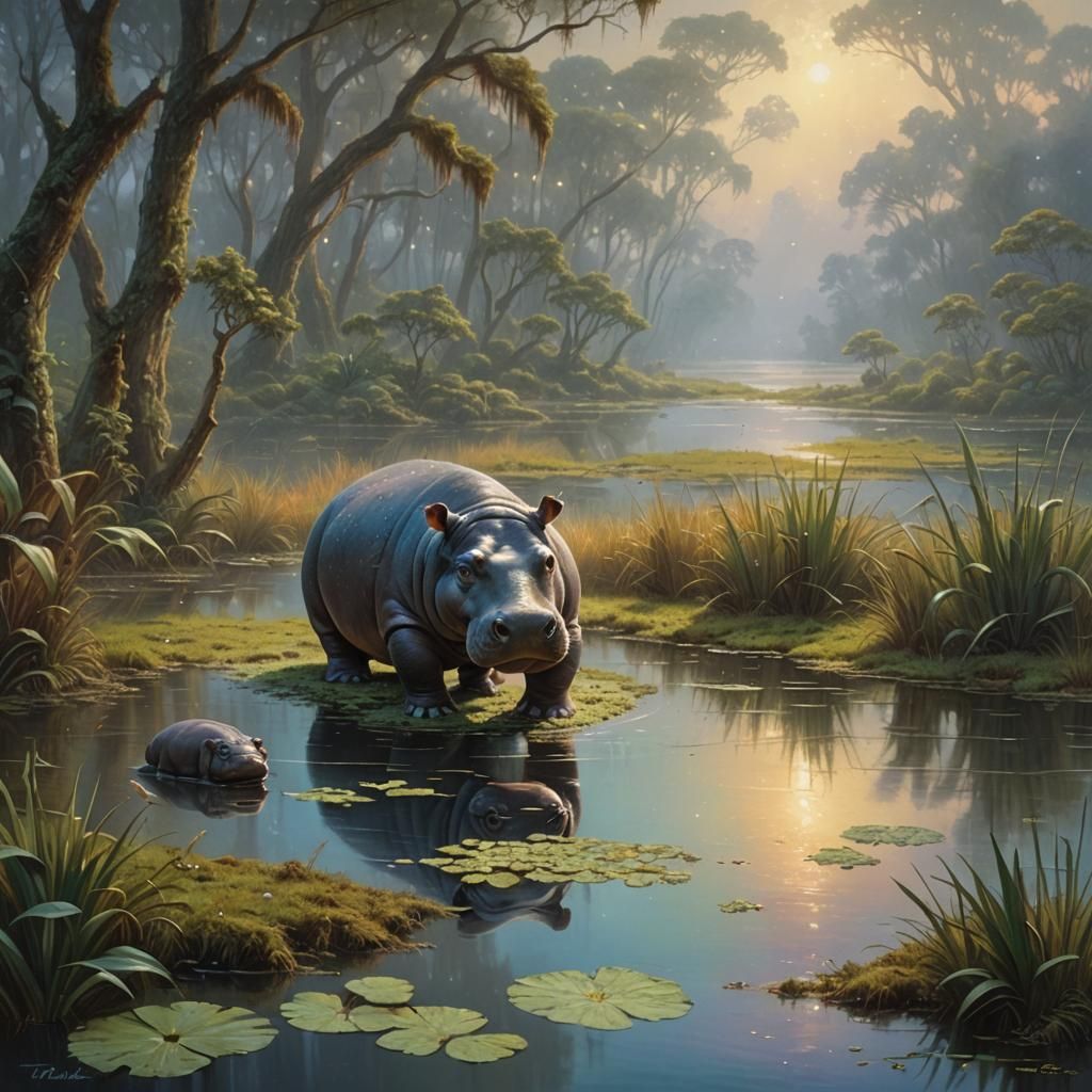 Pygmy hippo in a marsh ethereal fantasy hyperdetailed mist Thomas ...