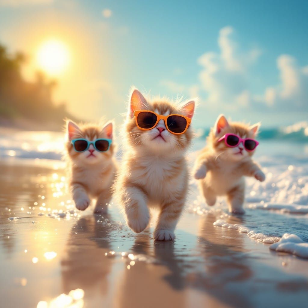 Playful Kittens in Sunglasses Run Along a Sunny Be... - AI Art