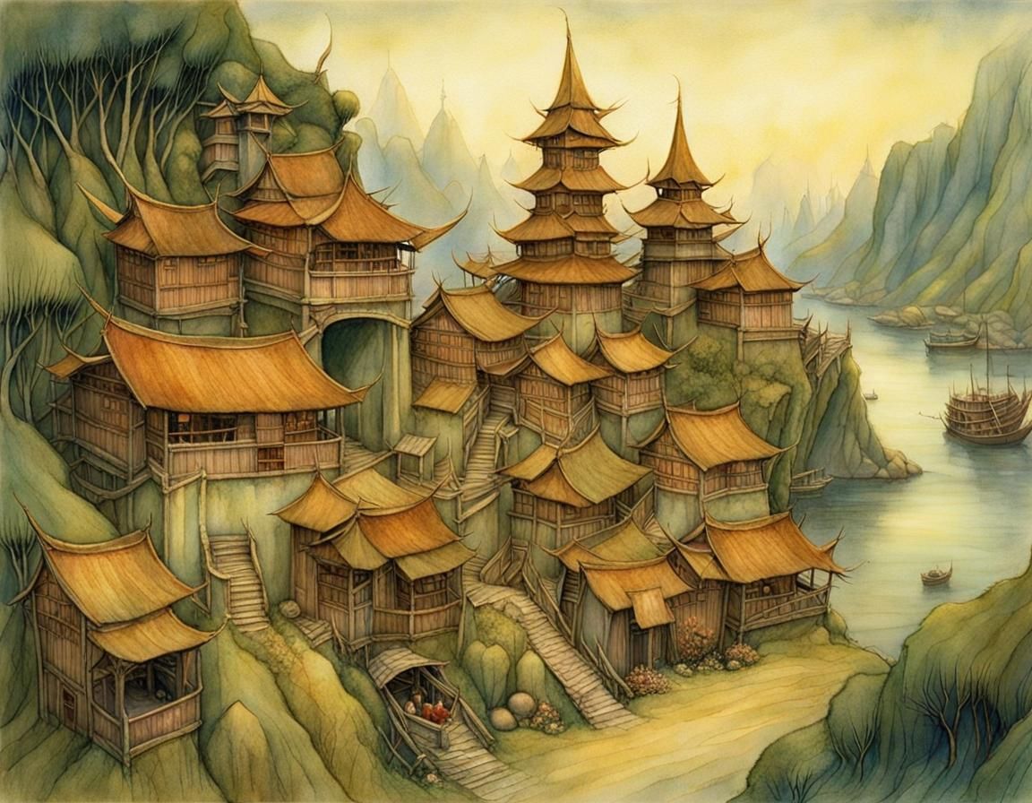 Asian-Influenced Village in the Style of Brian Froud - AI Generated ...