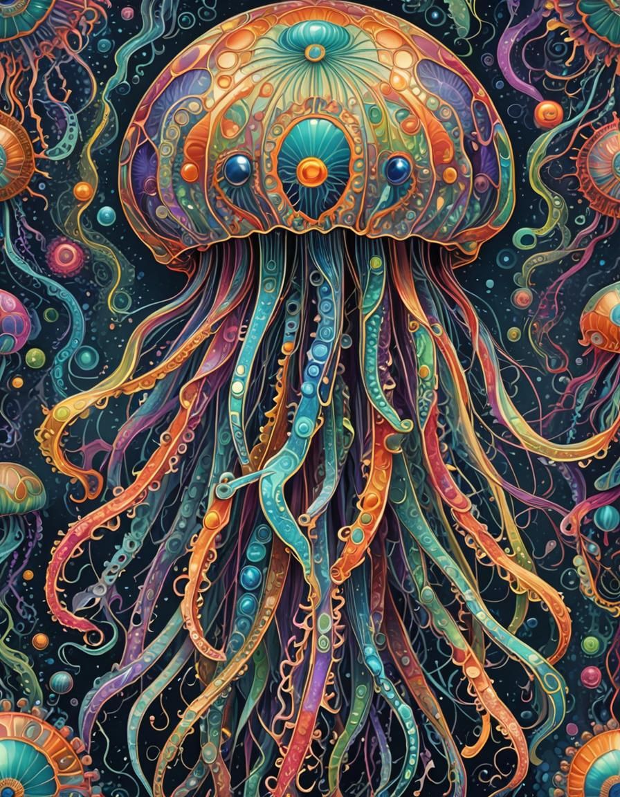 (Hyper detailed surreal artwork of a jellyfish human, happy aura ...