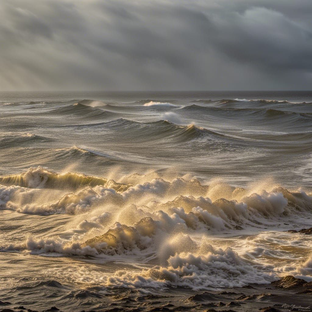 Golden hour, rain on raging sea - AI Generated Artwork - NightCafe Creator