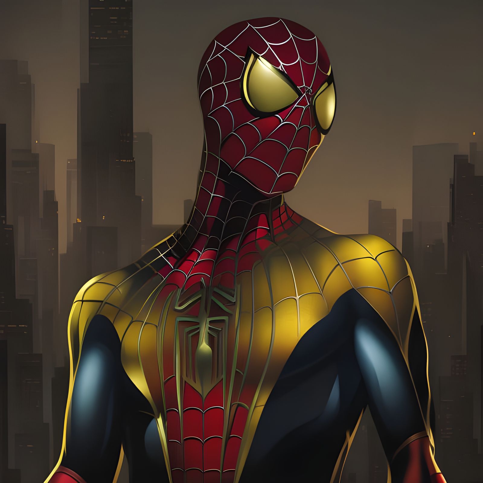 Red and Golden Spiderman. Background is the city of new york in night ...
