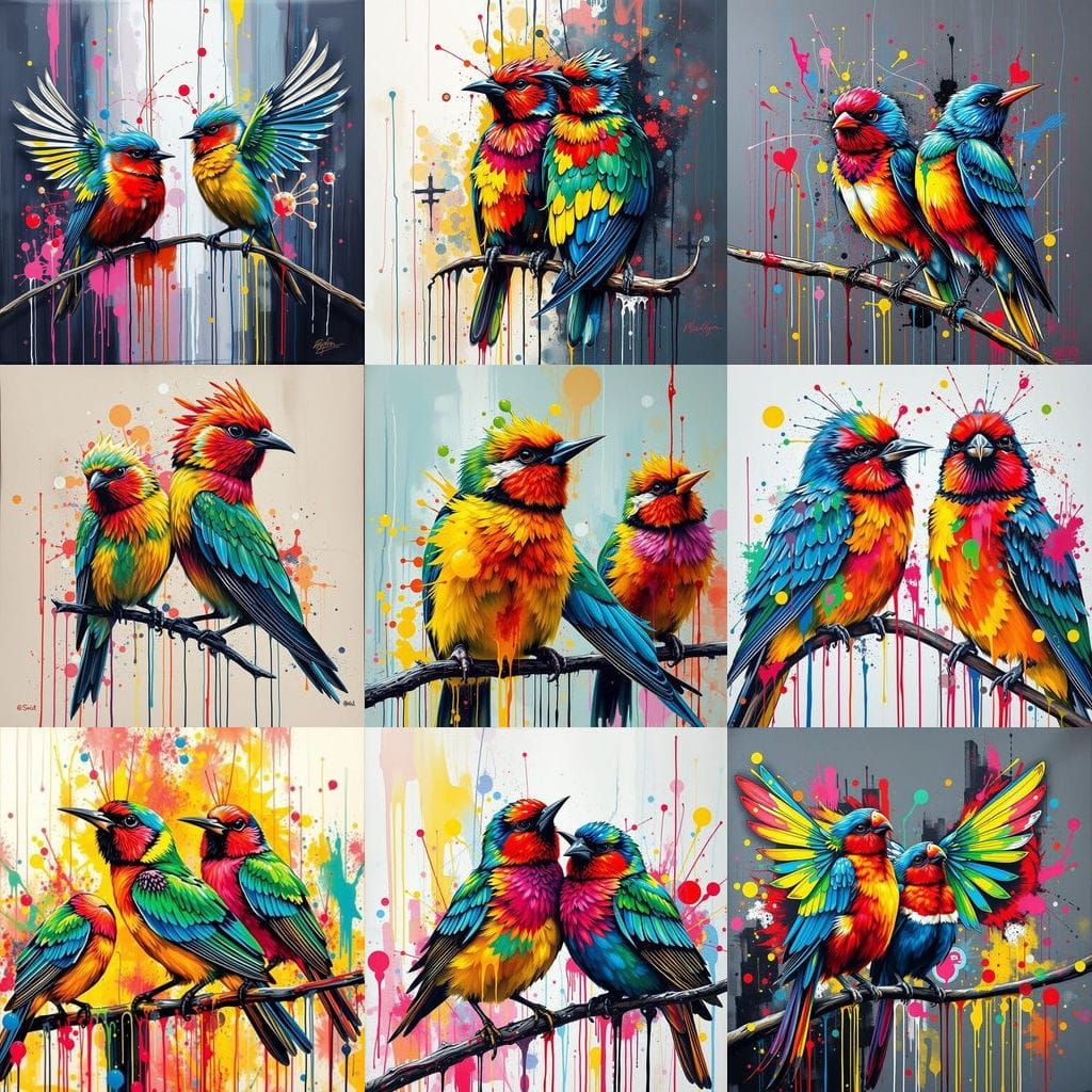 paint splatter parrots - Vibrant, High-Contrast Birds in Gra...