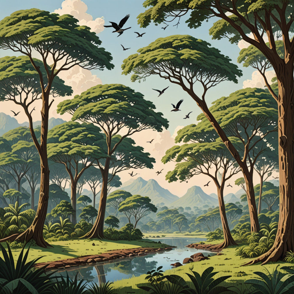 Equatorial landscape, there are majestic trees, magnificent birds, it’s ...
