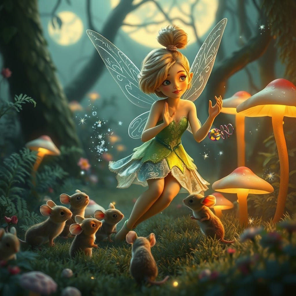 Tinker Bell playing with mice - Whimsical Tinker Bell Enchan...