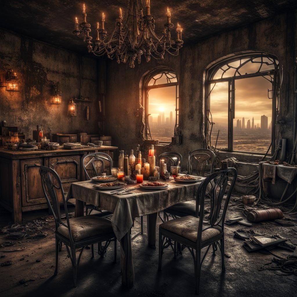 Post apocalyptic dining room - AI Generated Artwork - NightCafe Creator