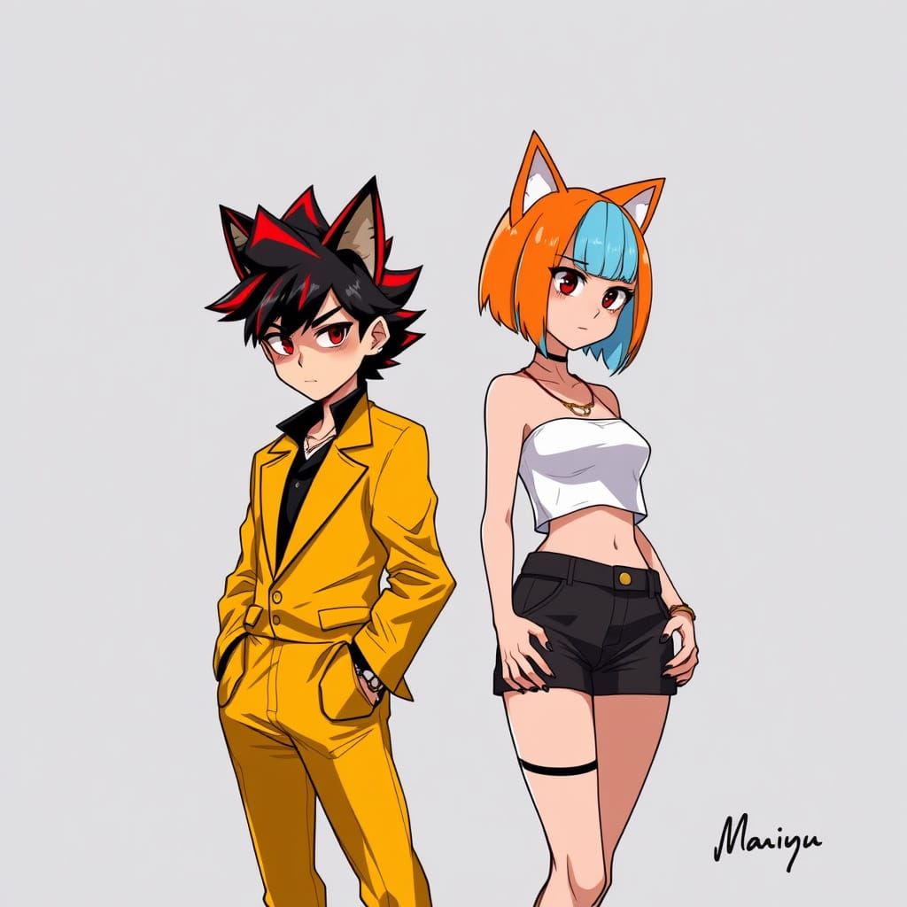 Leo and Hazel - Bold Anime Duo Posing in Fashion Studio